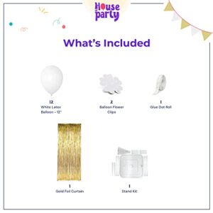 HOUSE OF PARTY DIY Balloon Topiary Stand - Balloon Holder with White Balloons & Gold Foil Curtain, Centerpiece Balloon Column for Wedding & Engagement Decorations