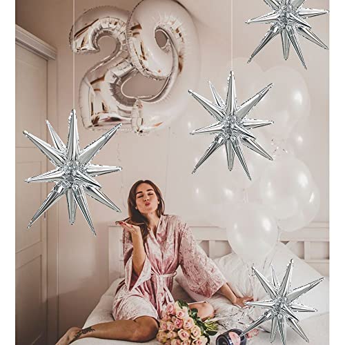 Toniful 4 Pcs 22inch 4D Silver Starburst Cone Mylar Balloons 14Point Star Balloons Explosion Star Foil Balloons for Party Supplies Backdrop Christmas,New Year,Birthday, Wedding,Photo Booth Ornament