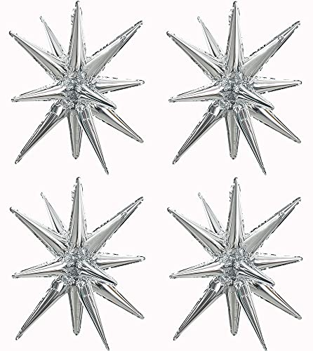 Toniful 4 Pcs 22inch 4D Silver Starburst Cone Mylar Balloons 14Point Star Balloons Explosion Star Foil Balloons for Party Supplies Backdrop Christmas,New Year,Birthday, Wedding,Photo Booth Ornament