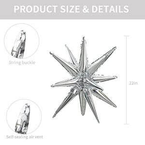 Toniful 4 Pcs 22inch 4D Silver Starburst Cone Mylar Balloons 14Point Star Balloons Explosion Star Foil Balloons for Party Supplies Backdrop Christmas,New Year,Birthday, Wedding,Photo Booth Ornament