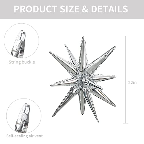 Toniful 4 Pcs 22inch 4D Silver Starburst Cone Mylar Balloons 14Point Star Balloons Explosion Star Foil Balloons for Party Supplies Backdrop Christmas,New Year,Birthday, Wedding,Photo Booth Ornament