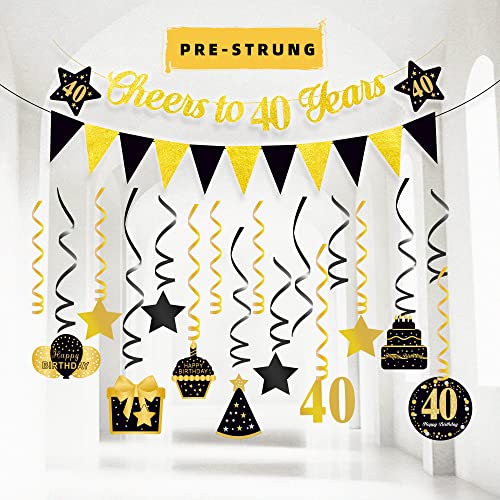 PRE-STRUNG 40th Birthday Banner, Cheers to 40 Years Banner, Happy 40th Birthday Hanging Swirl Ceiling Decoration for Men Women Him Her, Black Gold 40 Year Old Birthday Party Decor Kit, 30PCS, Vicycaty