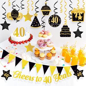 PRE-STRUNG 40th Birthday Banner, Cheers to 40 Years Banner, Happy 40th Birthday Hanging Swirl Ceiling Decoration for Men Women Him Her, Black Gold 40 Year Old Birthday Party Decor Kit, 30PCS, Vicycaty