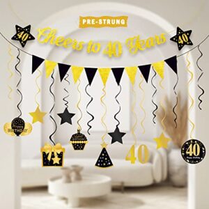 PRE-STRUNG 40th Birthday Banner, Cheers to 40 Years Banner, Happy 40th Birthday Hanging Swirl Ceiling Decoration for Men Women Him Her, Black Gold 40 Year Old Birthday Party Decor Kit, 30PCS, Vicycaty