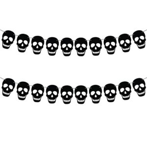 saktopdeco 2 pack black felt skull garland banner skeleton garland halloween banne for gothic birthday party decorations diy home decor