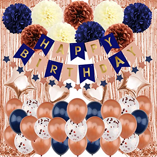 Recosis Birthday Decorations for Women, Navy Blue Rose Gold Birthday Party Decorations for Men Women Boys Grils, Happy Birthday Banner Pompoms foil Balloons Curtains for Birthday Party Decor Suit