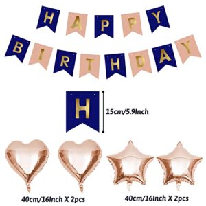 Recosis Birthday Decorations for Women, Navy Blue Rose Gold Birthday Party Decorations for Men Women Boys Grils, Happy Birthday Banner Pompoms foil Balloons Curtains for Birthday Party Decor Suit