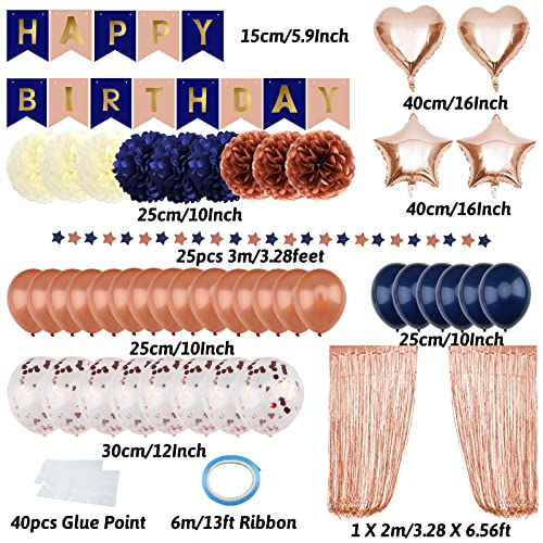 Recosis Birthday Decorations for Women, Navy Blue Rose Gold Birthday Party Decorations for Men Women Boys Grils, Happy Birthday Banner Pompoms foil Balloons Curtains for Birthday Party Decor Suit