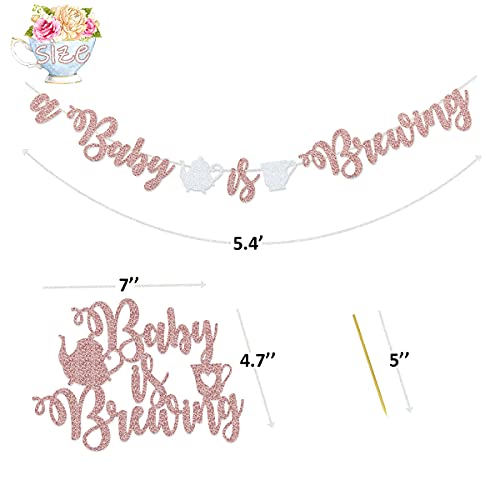 Rose Gold A Baby Is Brewing Banner With Teapot Teacups Pre-strung & A Baby Is Brewing Cake Topper for Tea Themed Baby Shower