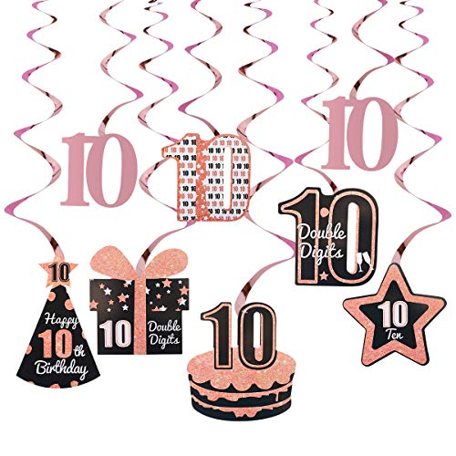 Excelloon 10th Birthday Decorations Supplies for Girls, Rose Gold 8Pcs Hanging Swirls, Happy 10 Year Old Birthday Cake Hat Present Star Party Decor, Ten Year Old Birthday Decorations