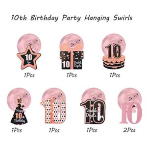 Excelloon 10th Birthday Decorations Supplies for Girls, Rose Gold 8Pcs Hanging Swirls, Happy 10 Year Old Birthday Cake Hat Present Star Party Decor, Ten Year Old Birthday Decorations