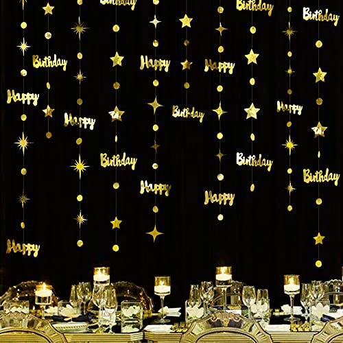 Gold Happy Birthday Decorations Happy Birthday Circle Dot Twinkle Star Garland Metallic Hanging Streamer Bunting Banner Backdrop for 1st 13th 16th 21st 30th 40th 50th 60th Birthday Party Supplies