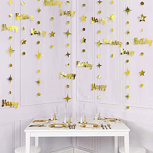 Gold Happy Birthday Decorations Happy Birthday Circle Dot Twinkle Star Garland Metallic Hanging Streamer Bunting Banner Backdrop for 1st 13th 16th 21st 30th 40th 50th 60th Birthday Party Supplies