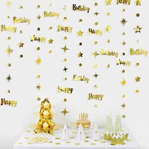 Gold Happy Birthday Decorations Happy Birthday Circle Dot Twinkle Star Garland Metallic Hanging Streamer Bunting Banner Backdrop for 1st 13th 16th 21st 30th 40th 50th 60th Birthday Party Supplies