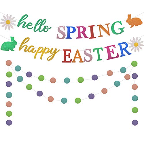 Hello Spring & Happy Easter Banner, Easter Party Decorations for the Home, Spring Party Banner Decorations, Happy Easter Bunny Bunting Garland Easter Decor,Spring Easter Mantel Fireplace Hanging Decor