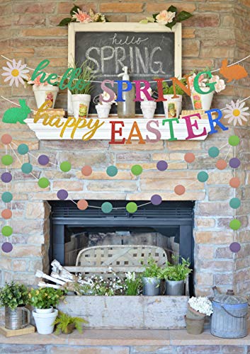 Hello Spring & Happy Easter Banner, Easter Party Decorations for the Home, Spring Party Banner Decorations, Happy Easter Bunny Bunting Garland Easter Decor,Spring Easter Mantel Fireplace Hanging Decor