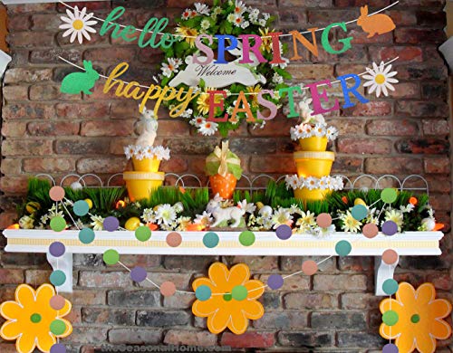 Hello Spring & Happy Easter Banner, Easter Party Decorations for the Home, Spring Party Banner Decorations, Happy Easter Bunny Bunting Garland Easter Decor,Spring Easter Mantel Fireplace Hanging Decor