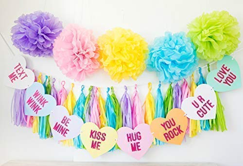 Bobee Conversation Candy Hearts Banner, eight Valentines day heart sayings pre-strung garland decorations, six feet long