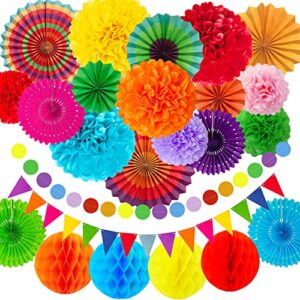 fiesta paper fan party decorations set, 24pcs colorful paper fans, hollow paper fans, tissue paper pom poms, honeycomb balls, dot garland for fiesta party, birthday wedding or mexican party