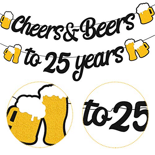 25th Birthday Decorations Cheers to 25 Years Banner for Men Women 25s Birthday Backdrop Wedding Anniversary Party Supplies Black Glitter Decorations Pre Strung