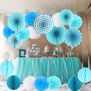 Cocodeko Hanging Set, Tissue Paper Poms Flower Fan and Honeycomb Balls for Birthday Baby Shower Wedding Festival Decorations-Blue, 3 Gram