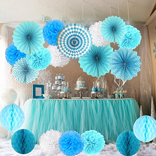 Cocodeko Hanging Set, Tissue Paper Poms Flower Fan and Honeycomb Balls for Birthday Baby Shower Wedding Festival Decorations-Blue, 3 Gram