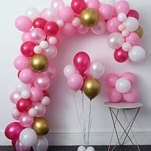 Pink Party Balloons 110 Pcs 12in Hot Pink & Gold Metallic Balloons Pearlescent Balloons Arch &Decorating Strip+Balloon Tying Tools+Points Stickers+Flower Clips+Silver Ribbons,Wedding, Shower, Party