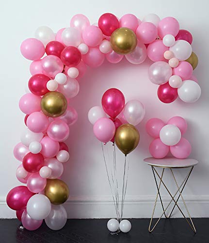 Pink Party Balloons 110 Pcs 12in Hot Pink & Gold Metallic Balloons Pearlescent Balloons Arch &Decorating Strip+Balloon Tying Tools+Points Stickers+Flower Clips+Silver Ribbons,Wedding, Shower, Party