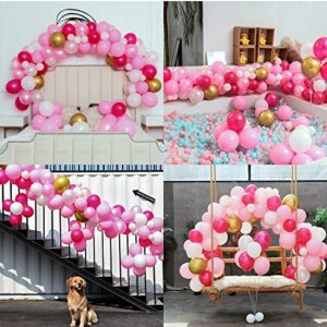 Pink Party Balloons 110 Pcs 12in Hot Pink & Gold Metallic Balloons Pearlescent Balloons Arch &Decorating Strip+Balloon Tying Tools+Points Stickers+Flower Clips+Silver Ribbons,Wedding, Shower, Party