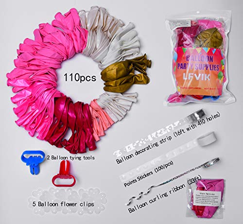 Pink Party Balloons 110 Pcs 12in Hot Pink & Gold Metallic Balloons Pearlescent Balloons Arch &Decorating Strip+Balloon Tying Tools+Points Stickers+Flower Clips+Silver Ribbons,Wedding, Shower, Party