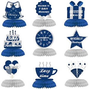 keweya 9pcs happy retirement decorations table honeycomb centerpieces party supplies blue silver retirement adventure awaits sign for men retired decor goodbye retirement signs