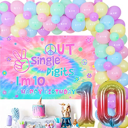 Tie Dye 10th Birthday Decorations for Girls, Peace out Single Digits, Macaron Balloon Garland Kit with Out Single Digits I'm 10 Backdrop, Hippie Theme Happy 10th Birthday Decorations