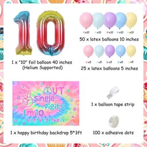 Tie Dye 10th Birthday Decorations for Girls, Peace out Single Digits, Macaron Balloon Garland Kit with Out Single Digits I'm 10 Backdrop, Hippie Theme Happy 10th Birthday Decorations