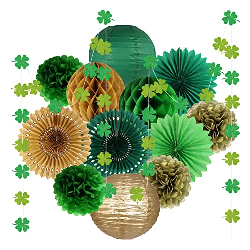 St Patrick's Day Decorations, Green Gold Party Supplies Hanging Paper Lanterns Clover Garland Tissue Paper Fan Pom Pom Flowers for Irish Party Saint Patricks Day Decor