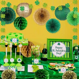 St Patrick's Day Decorations, Green Gold Party Supplies Hanging Paper Lanterns Clover Garland Tissue Paper Fan Pom Pom Flowers for Irish Party Saint Patricks Day Decor