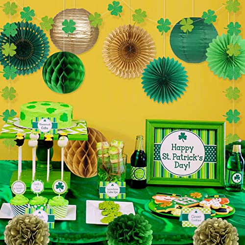 St Patrick's Day Decorations, Green Gold Party Supplies Hanging Paper Lanterns Clover Garland Tissue Paper Fan Pom Pom Flowers for Irish Party Saint Patricks Day Decor