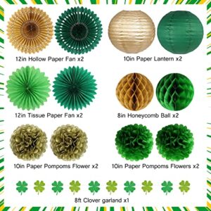 St Patrick's Day Decorations, Green Gold Party Supplies Hanging Paper Lanterns Clover Garland Tissue Paper Fan Pom Pom Flowers for Irish Party Saint Patricks Day Decor