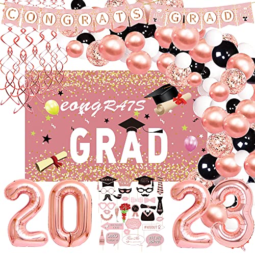 Graduation Decorations 2023 - Rose Gold Graduation Party Supplies Including Grad Banner, Graduation Backdrop, Hanging Swirls, Grad Balloons Garland Kit, and Photo Booth Props for Grad Decor | Pink