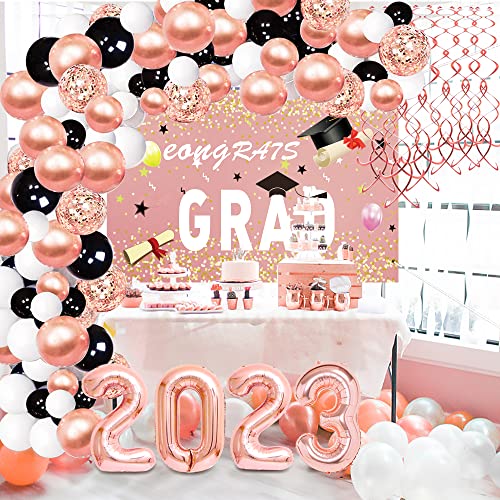 Graduation Decorations 2023 - Rose Gold Graduation Party Supplies Including Grad Banner, Graduation Backdrop, Hanging Swirls, Grad Balloons Garland Kit, and Photo Booth Props for Grad Decor | Pink