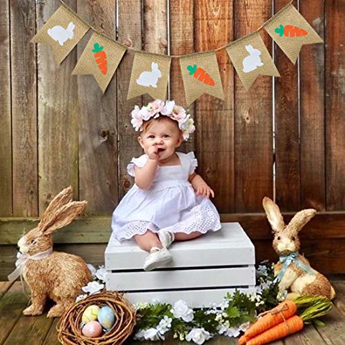 Uniwish Easter Bunny Carrot Banner Garland Happy Easter Day Decorations for Mantle Fireplace Spring Themed Baby Shower Birthday Party Supplies