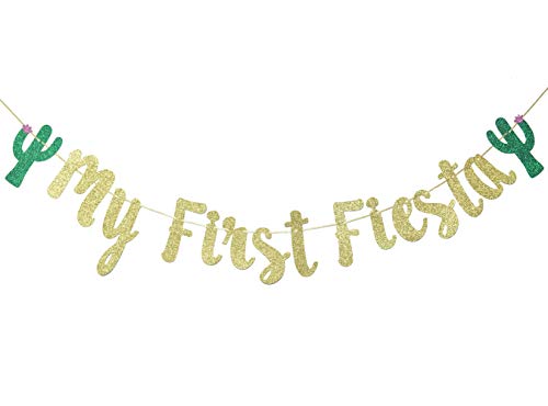 My First Fiesta Banner Sign Garland for Mexican Fiesta Themed Baby Shower First Birthday Party Decorations Photo Props Backdrop (Gold Glitter)