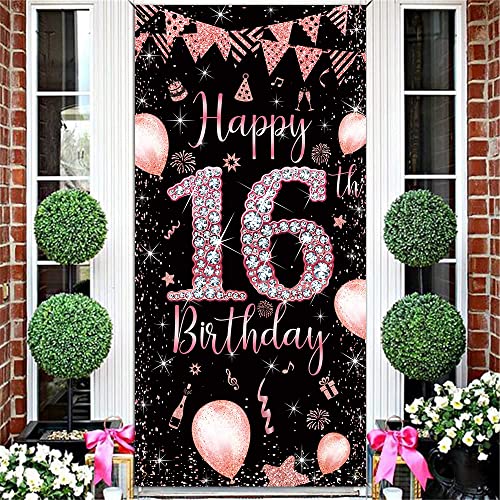 GYA Pink Happy 16th Birthday Door Banner 3x6ft Girl Sweet 16th Diamond Door Cover Banner Glitter Balloon Rose Gold Party backdrop Poster Porch Sign Decor