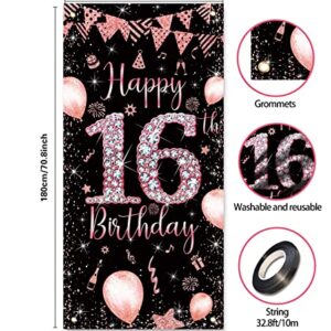 GYA Pink Happy 16th Birthday Door Banner 3x6ft Girl Sweet 16th Diamond Door Cover Banner Glitter Balloon Rose Gold Party backdrop Poster Porch Sign Decor