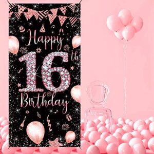 GYA Pink Happy 16th Birthday Door Banner 3x6ft Girl Sweet 16th Diamond Door Cover Banner Glitter Balloon Rose Gold Party backdrop Poster Porch Sign Decor