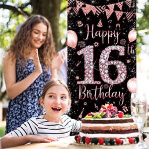 GYA Pink Happy 16th Birthday Door Banner 3x6ft Girl Sweet 16th Diamond Door Cover Banner Glitter Balloon Rose Gold Party backdrop Poster Porch Sign Decor