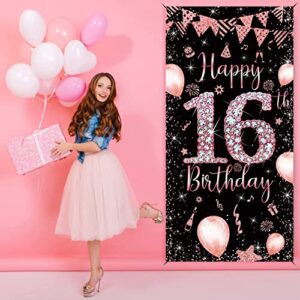 GYA Pink Happy 16th Birthday Door Banner 3x6ft Girl Sweet 16th Diamond Door Cover Banner Glitter Balloon Rose Gold Party backdrop Poster Porch Sign Decor