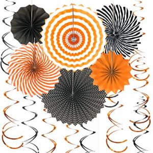 black orange party hanging paper fans decorations – halloween party swirls hangings decorations 1st birthday baby shower wedding party photo booth props backdrops decorations, 20pc