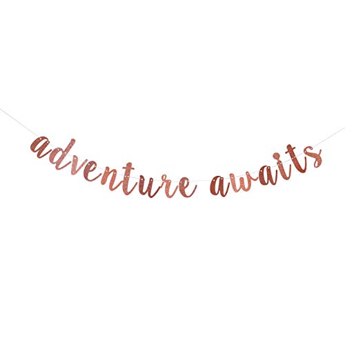 Adventure Awaits Banner, Moving, Graduation, Retirement, Going Away Party Decoration Supplies (Rose Gold)