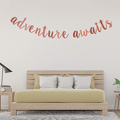 Adventure Awaits Banner, Moving, Graduation, Retirement, Going Away Party Decoration Supplies (Rose Gold)