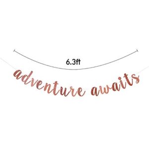 Adventure Awaits Banner, Moving, Graduation, Retirement, Going Away Party Decoration Supplies (Rose Gold)